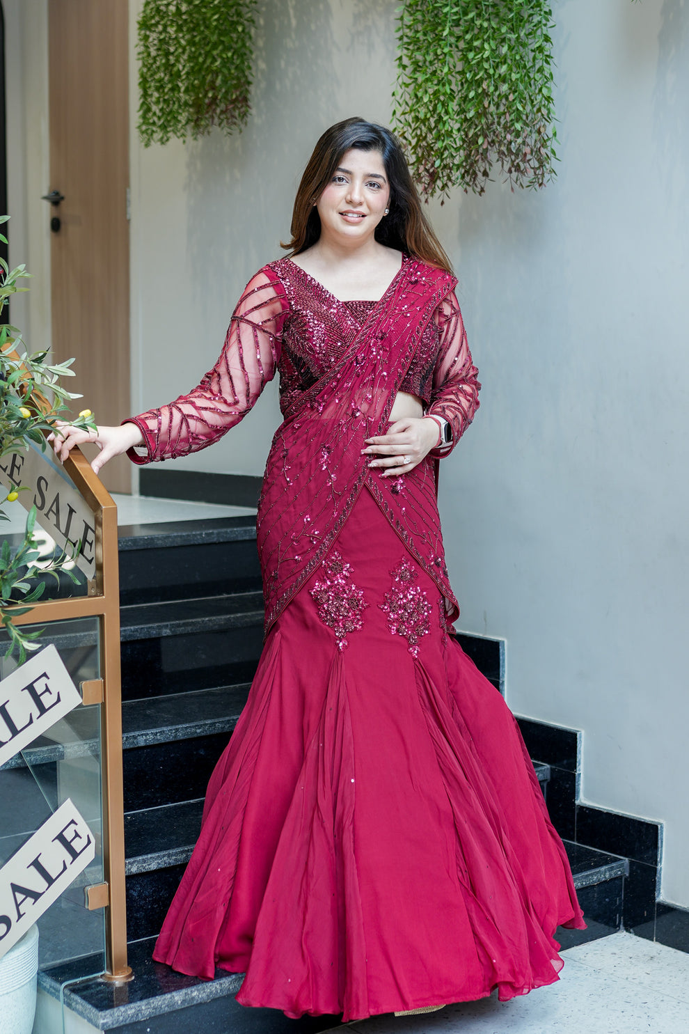 Viha Wine Embroidered Fish Cut Drape Saree – LaGlits